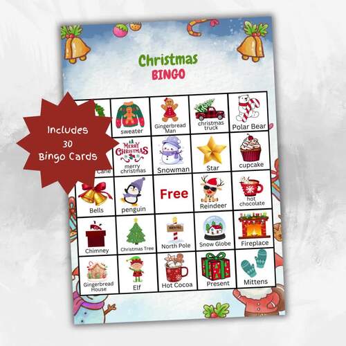 30 Christmas Bingo Cards, Kids Christmas Party Game,Christmas Classroom ...
