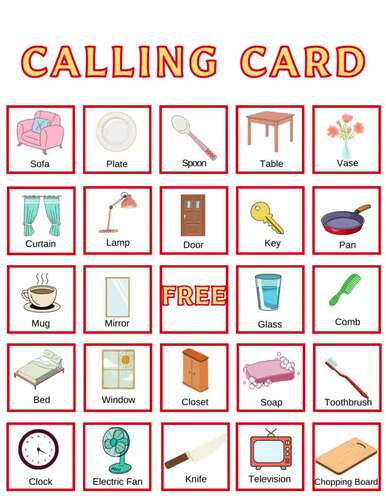 Printable Household Items Bingo Game, Kids Fun Home Bingo Game, Printable