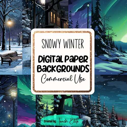 Christmas Snowy Scene digital paper color and Doodle Black and White Winter