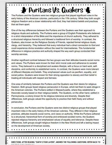 Puritans Vs Quakers Reading Passage Worksheet | Comprehension & Writing ...