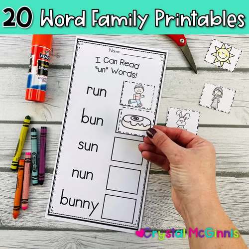 Word Family Phonics Practice Printables (20 Printables for A, E, I, O, U)