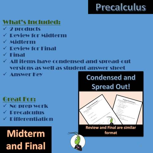Precalculus Midterm and Final Exam Bundle with Reviews | TPT