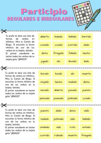 PACK BINGO: PRETÉRITO INDEFINIDO, IMPERFECTO Y PARTICIPIO. by Pasajero ...