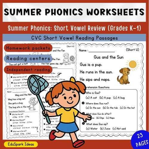 Summer Phonics Worksheets | CVC Short Vowel Reading Passages | K–1 Grades