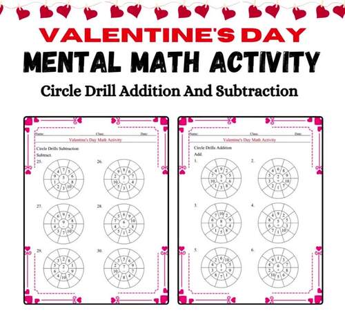 Valentines day Mental Math Circle Drill Addition & Subtraction Worksheet