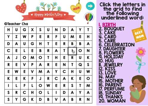 Word Search Game: Mother's Day (BOOM Cards™ Teletherapy and Distance ...