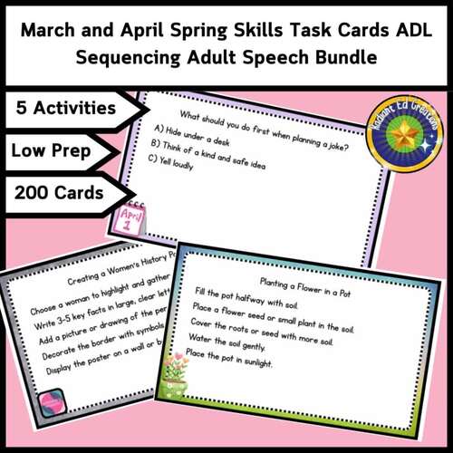 March and April Spring Skills Task Cards ADL Sequencing Adult Speech Bundle