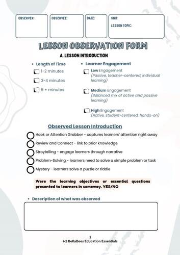 Lesson (Classroom) Observations Form - Perfect for Formal Observations ...