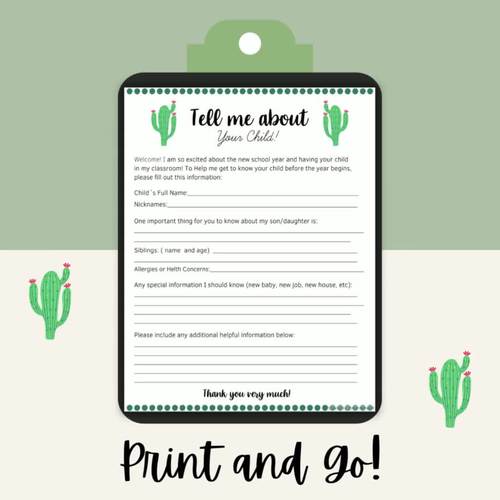 Tell me about your Child! Questionnaire/Parent Form Cactus Theme