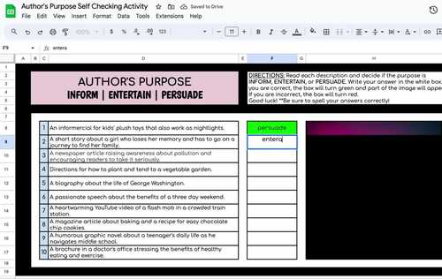 AUTHOR'S PURPOSE Google Sheets Mystery Picture by Mainly Middle School 6-8