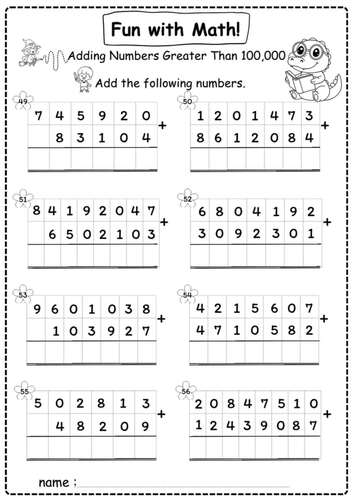 Fun Math Practice – Adding Numbers Greater Than 100,000 (40 A4 Worksheets)