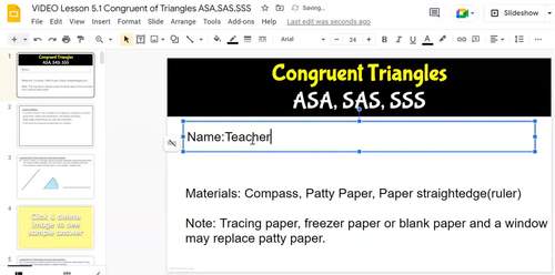 Congruent Triangles Exploratory Lesson Digital Google Slides ASA SAS SSS