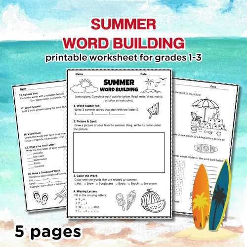 Summer Word Building Worksheet for Grades 1–3, Summer Packet Activity