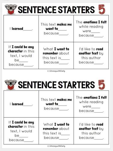 Reading Response Journal | Comprehension Sentence Stems | Reading ...