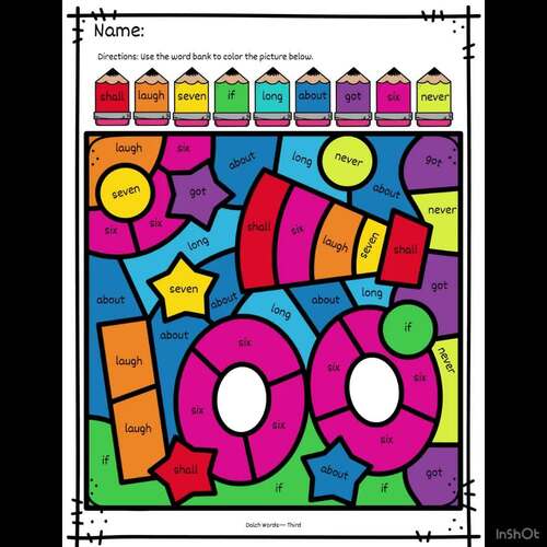 100th Day of School Sight Word Coloring Activities for 3rd Grade
