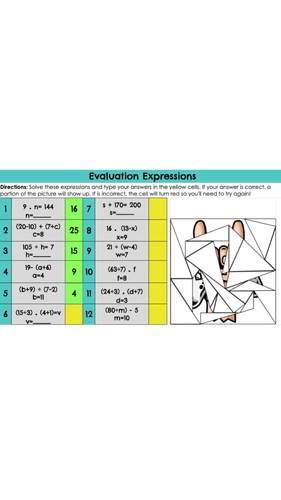 Evaluating Expressions-Digital Self Checking Mystery Picture Progression