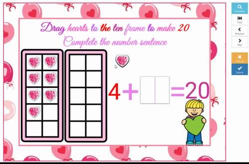Valentines Day Math Making 20 using Ten Frames Boom Cards 1st Grade Math