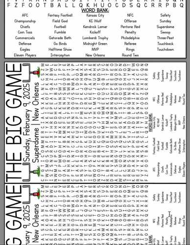 The Big Game Word Search Super Big Bowl Football Game Activity | TPT