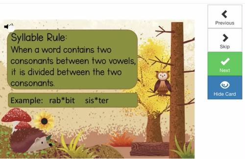 Syllable activity Rabbit Rule Boom Cards forest theme 2nd 3rd grade