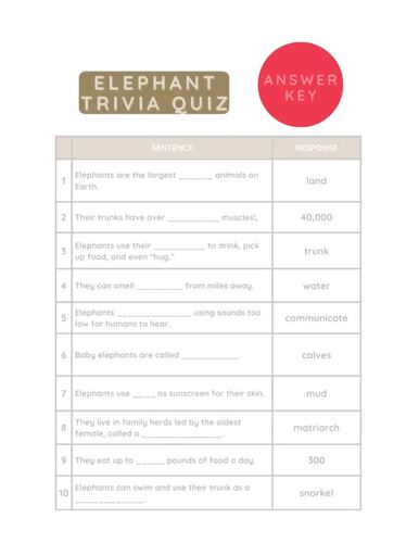 Elephant Trivia Quiz – Fun Science Facts Game (PDF Download) | TPT