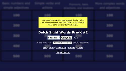 Pre-K Dolch Sight Words Jeopardy Games Set - Interactive Online Games