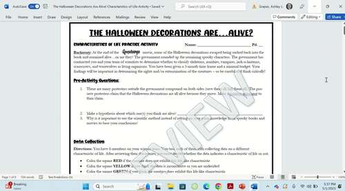 Characteristics of Life Activity | Halloween Themed | For Biology ...