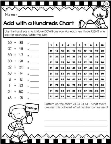 1st Grade 1.NBT.C.4 Hundreds Chart Addition | Adding Within 100 Worksheets