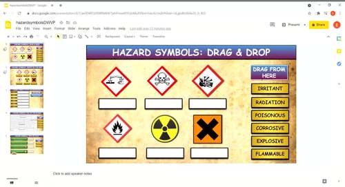 Hazard Symbols, Lab Safety: Drag & Drop Worksheet: Google Slides + PPT
