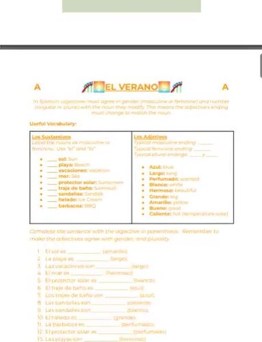 El Verano - Spanish Summer Differentiated/Tactile Adjective Agreement ...