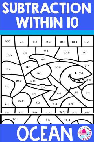 SUMMER OCEAN Color by Number Code Subtraction to 10 within 10 | TPT