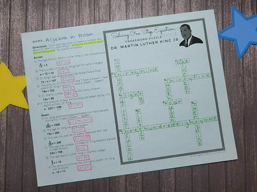 Martin Luther King Jr. Math Crossword Puzzle // Solving One Step Equations