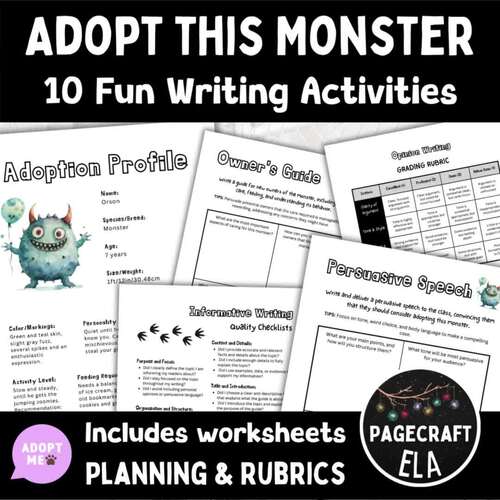 Adopt This Monster | 10 Fun Writing Activities with Planning and Rubrics