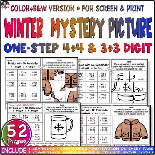 Winter Mystery Picture: One-Step Exact 4÷4 & 3÷3 Digit Division Math ...
