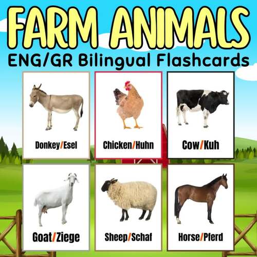 English / German Bilingual Farm Animals Vocabulary Flash cards with ...