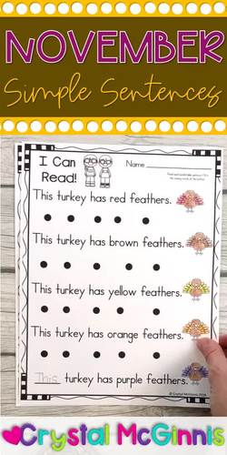 November Themed Simple Predictable Sentences for Kindergarten Reading