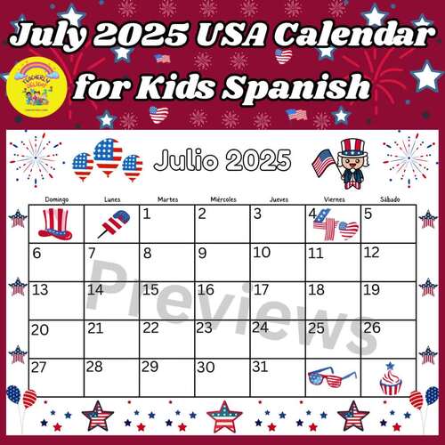 4th of July Kids Calendar 2025 USA Themed Printable Spanish | TPT