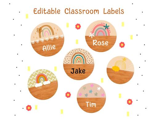 Classroom Labels, Boho Rainbow Round Student Name Tags, Name Plates
