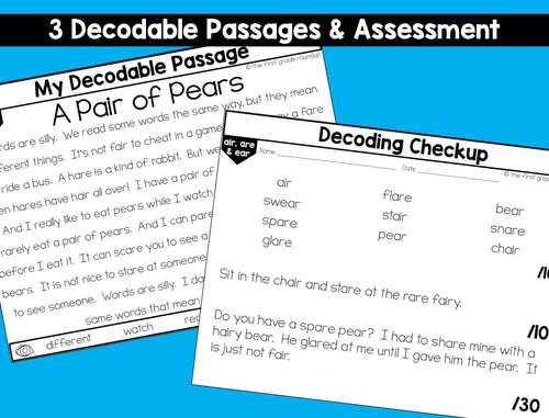 R Controlled Vowel Teams AIR, ARE & EAR Decodable Readers and Passages