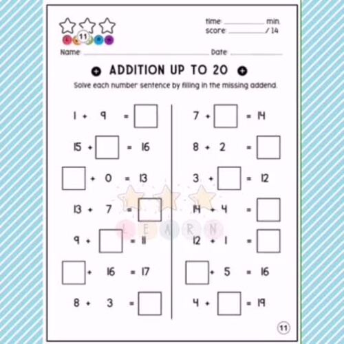 Addition Up to 20 | Missing Addend Worksheets | Grade 1 | Low Prep