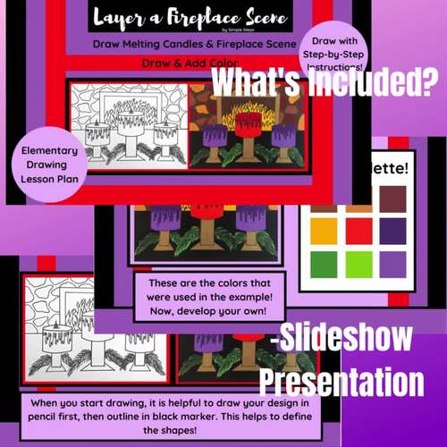 Elementary Art Lesson: Draw Melting Candles & Fireplace Christmas Scene