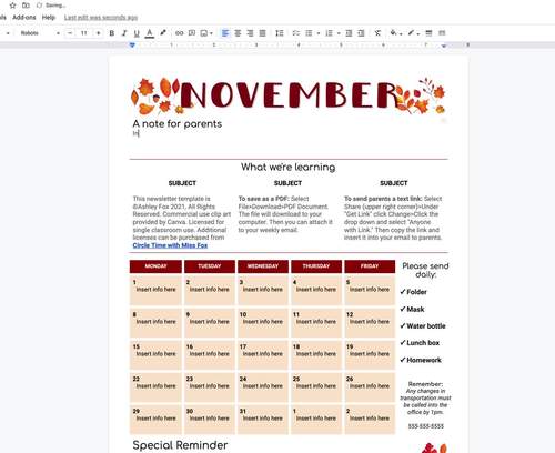 Newsletter Templates Google Docs, EDITABLE Monthly Calendar & Teacher ...
