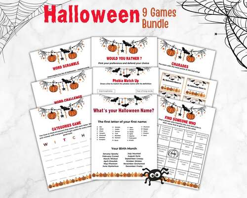 Halloween Games - 9 Halloween printable party games including Word ...