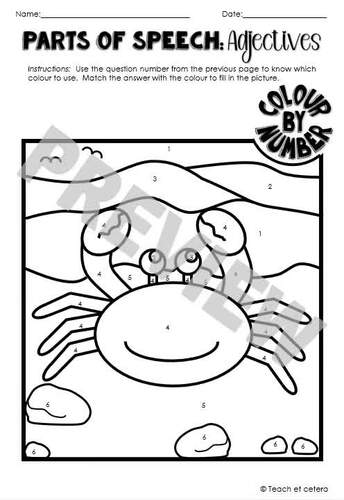 Parts of Speech Worksheeet - Ocean Theme Colour by Number - Centres ...