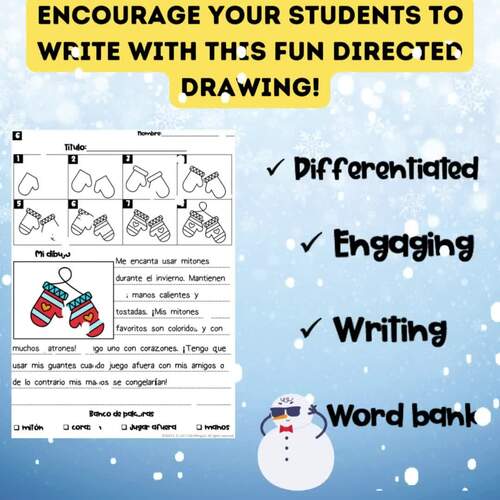 Winter writing worksheets in Spanish - Draw and write - Directed drawing