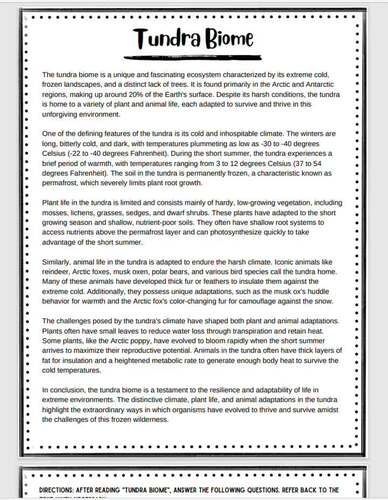 Tundra Biome Reading Comprehension Worksheet with Writing Task | TPT