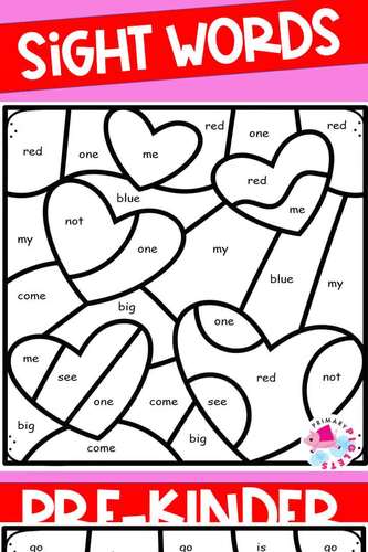 Valentine's Day Color by Sight Words PreKindergarten by Primary Piglets