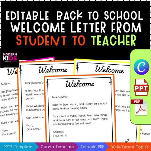 Editable Back to School Welcome Letter from Student to Teacher | TPT