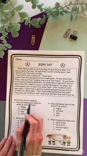Reading Comprehension, Soccer, multiple choice, written response, RL 2.1
