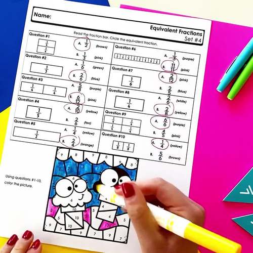 Equivalent Fractions Color By Number Worksheets by Glitter in Third