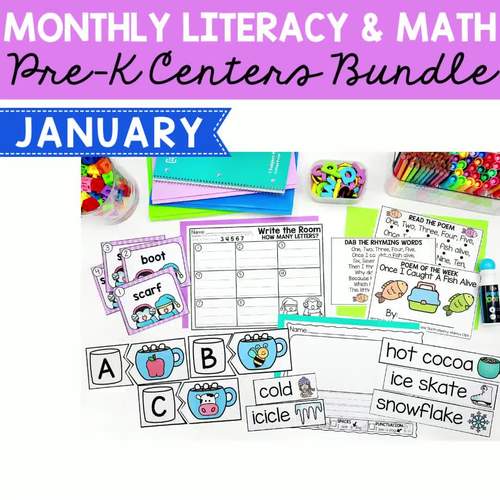 Monthly Math & Literacy Centers Bundle | Pre K ELA Centers & Math Centers
